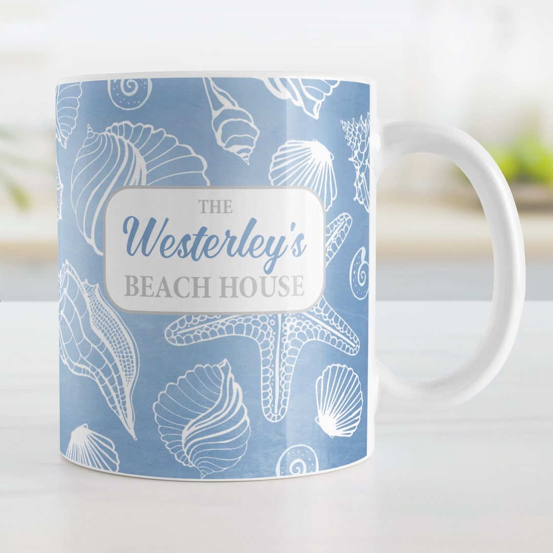 Personalized Beach Mug, Blue White Seashell Pattern, Beach House Gift ...