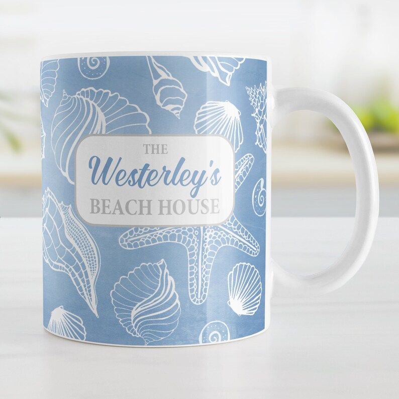 Personalized Beach Mug Blue White Seashell Pattern Beach - Etsy