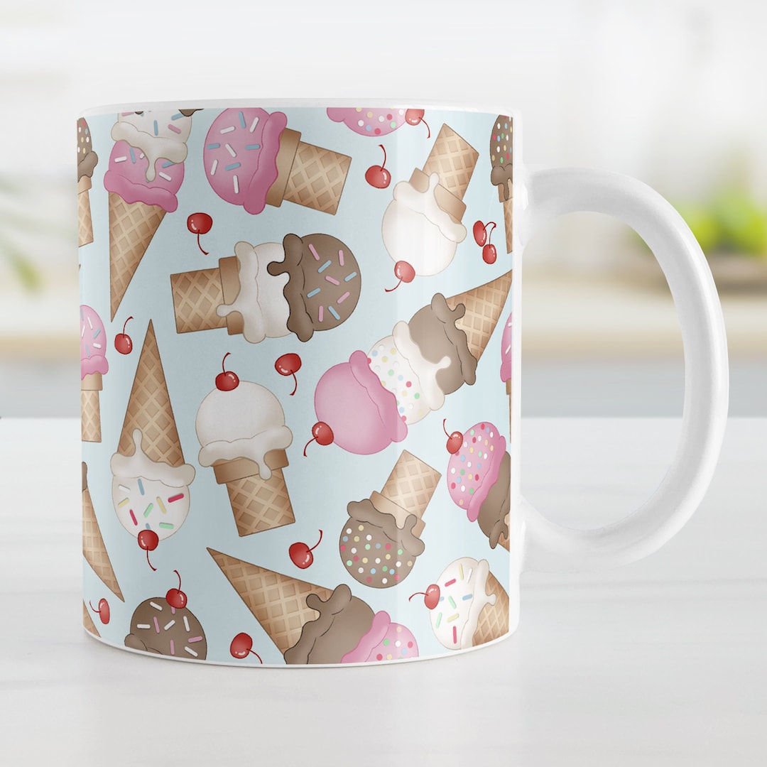 Ice Cream Cones Pattern Mug, Chocolate Vanilla Strawberry Cones Summer ...