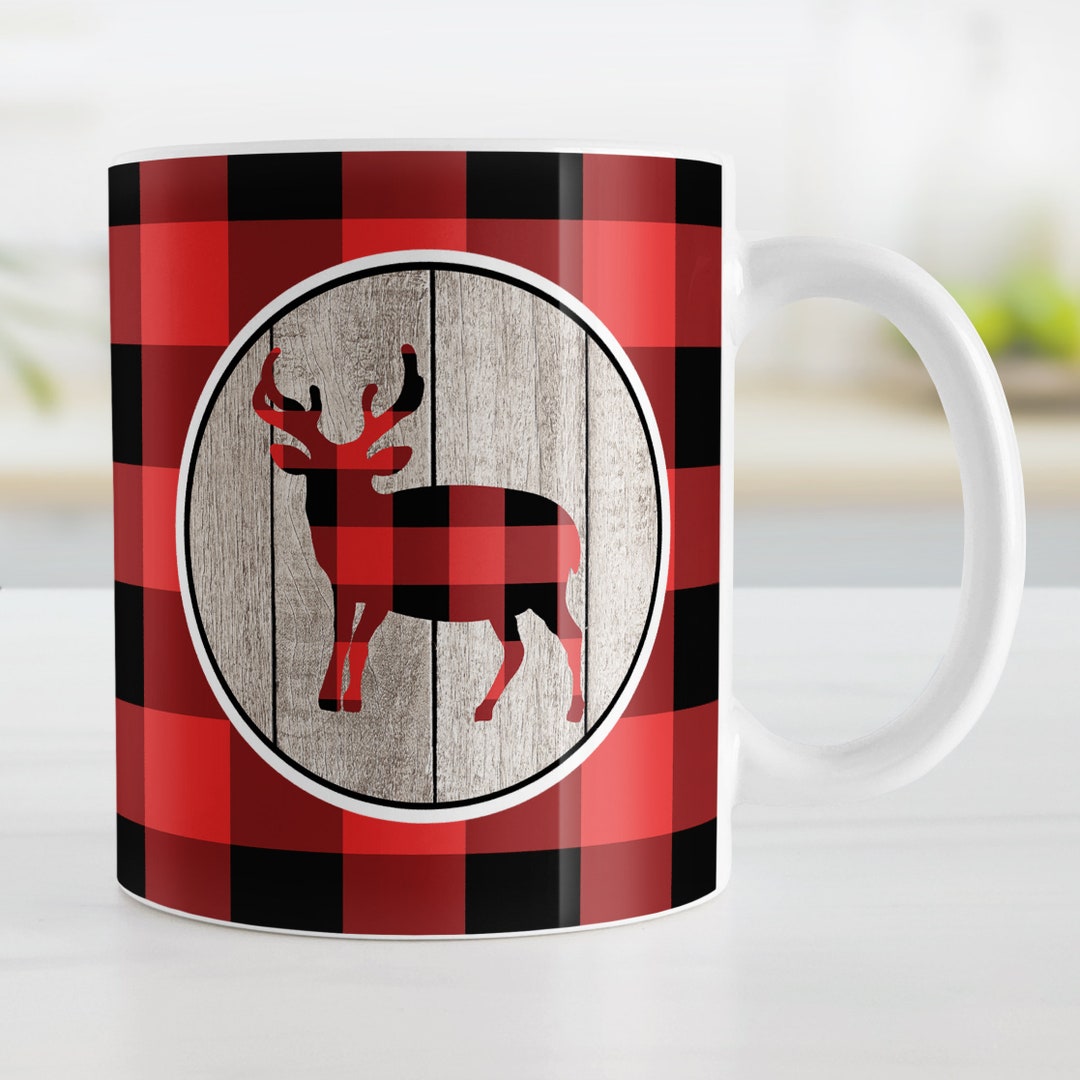 Red Buffalo Plaid Deer Mug, Rustic Red Black Check Pattern With Wood ...