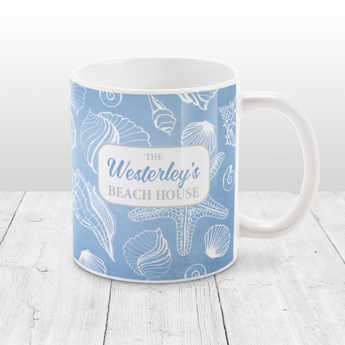 Personalized Beach Mug blue white seashell pattern beach | Etsy