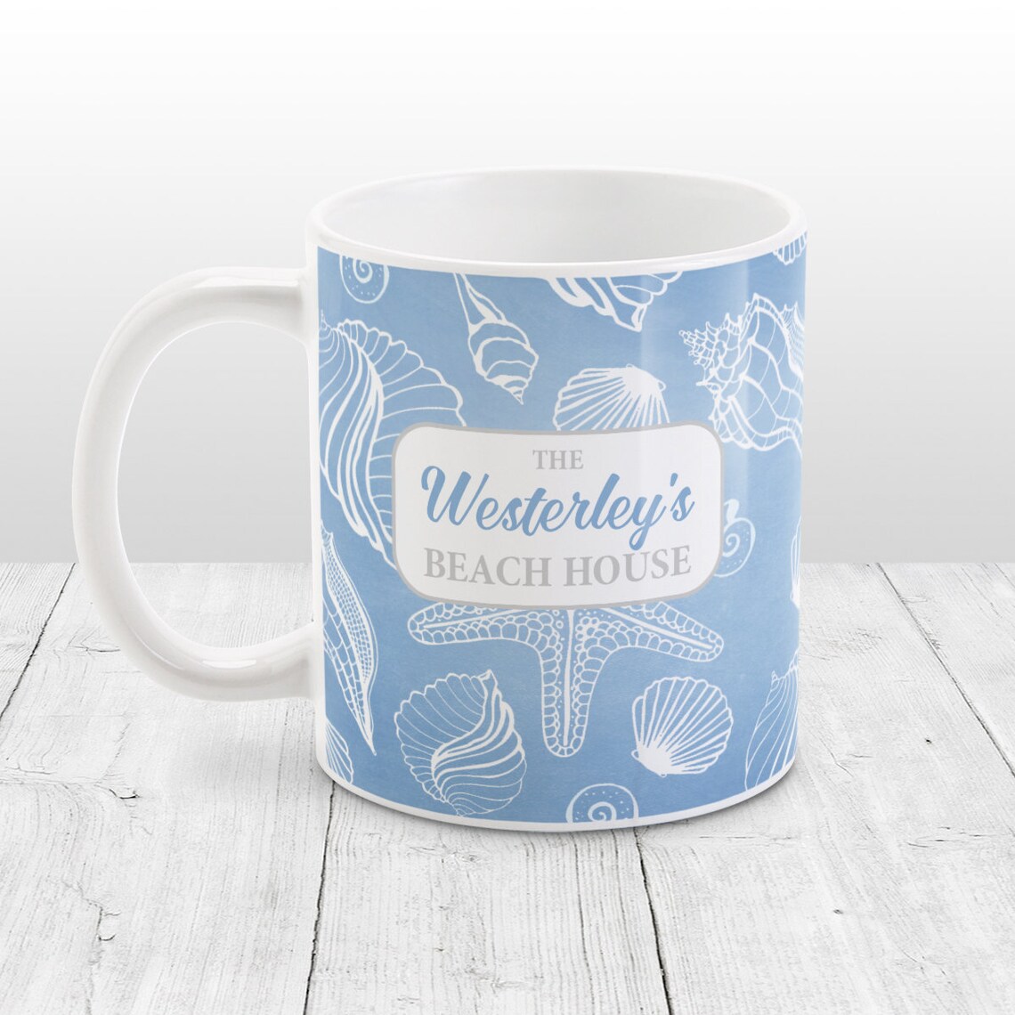 Personalized Beach Mug Blue White Seashell Pattern Beach - Etsy