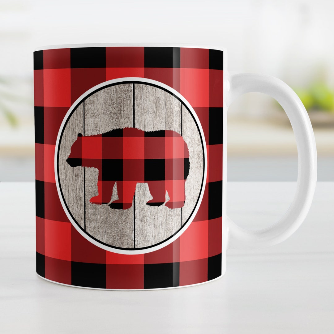 Red Buffalo Plaid Bear Mug, Rustic Red Black Check Pattern With Wood ...