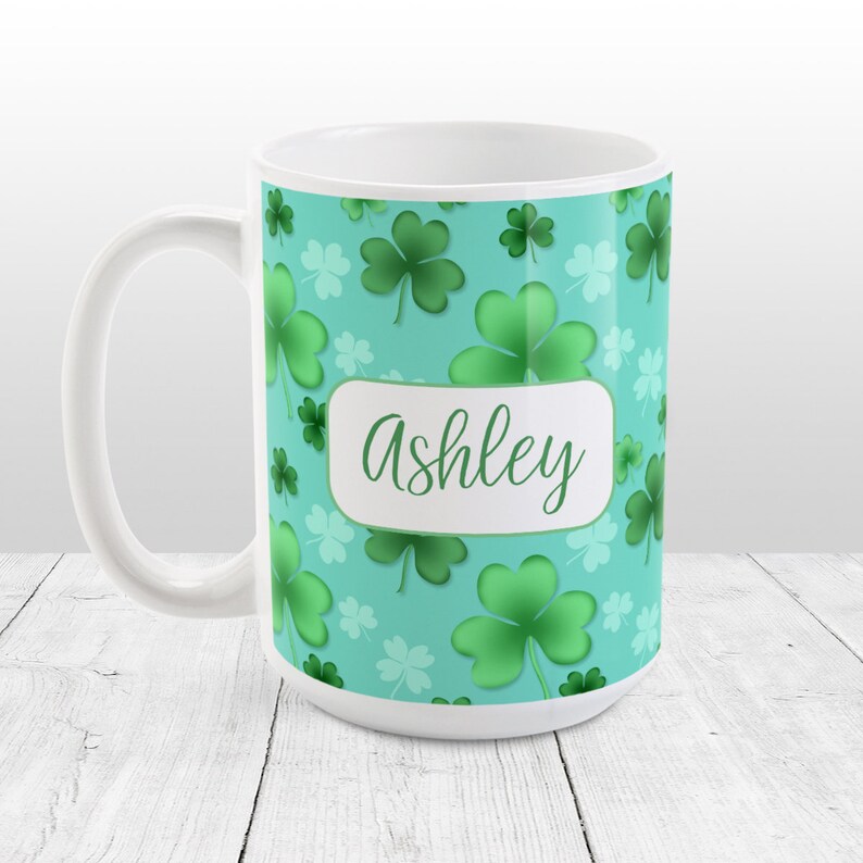 Personalized Lucky Clover Mug Green Teal Shamrock Pattern St - Etsy