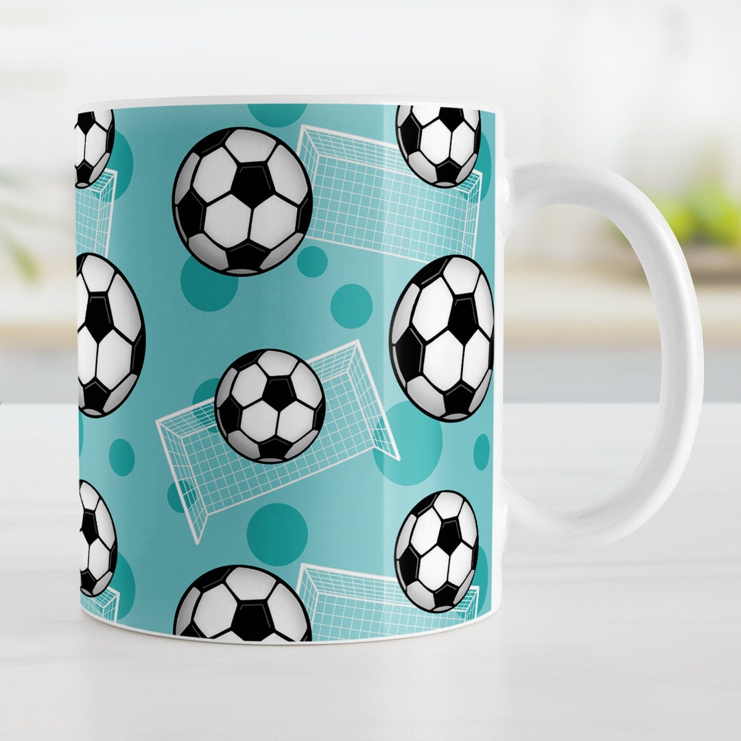 Teal Soccer Mug – Soccer Ball Coffee Cup – Soccer and Goals Pattern ...