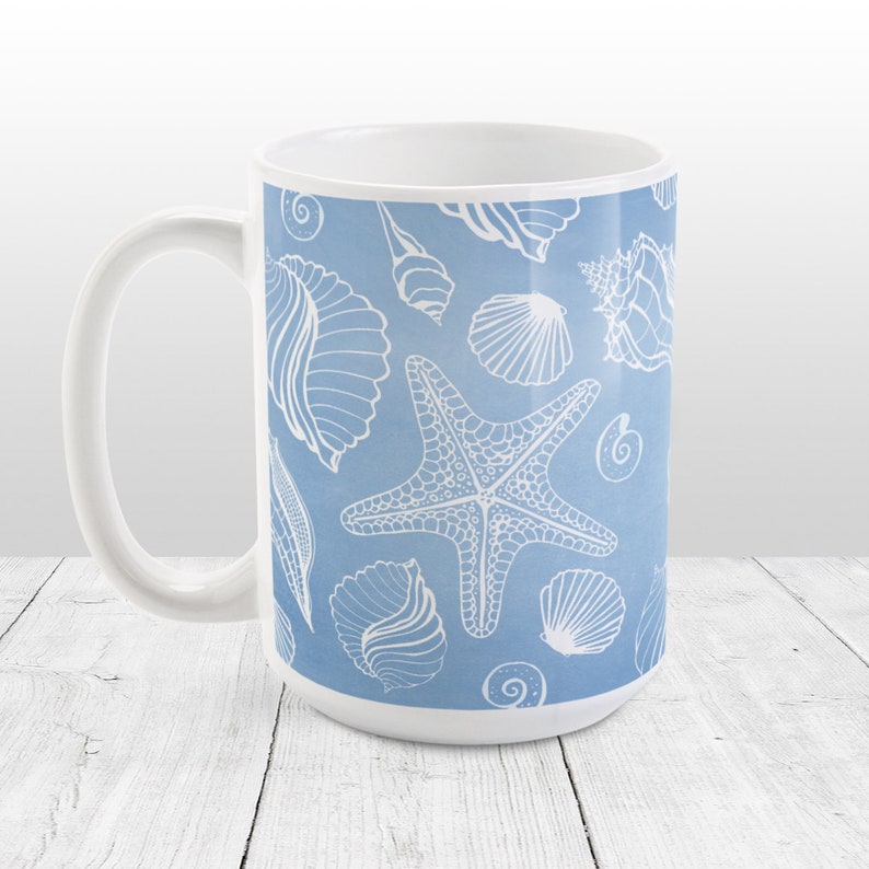 Blue Beach Mug White Seashell Pattern Beach Gift 11oz or | Etsy