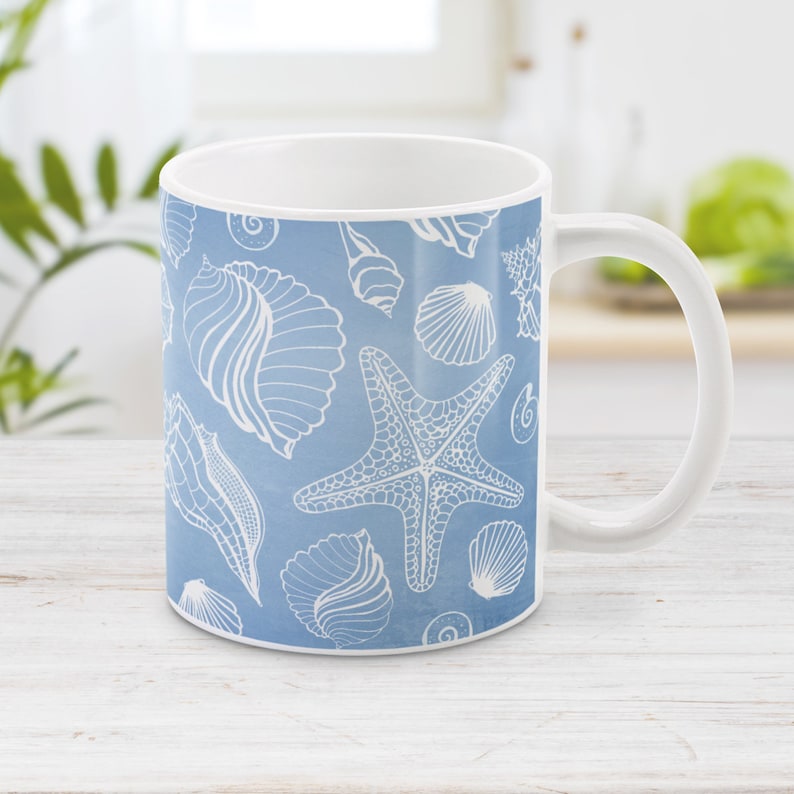 Blue Beach Mug White Seashell Pattern Beach Gift 11oz or | Etsy