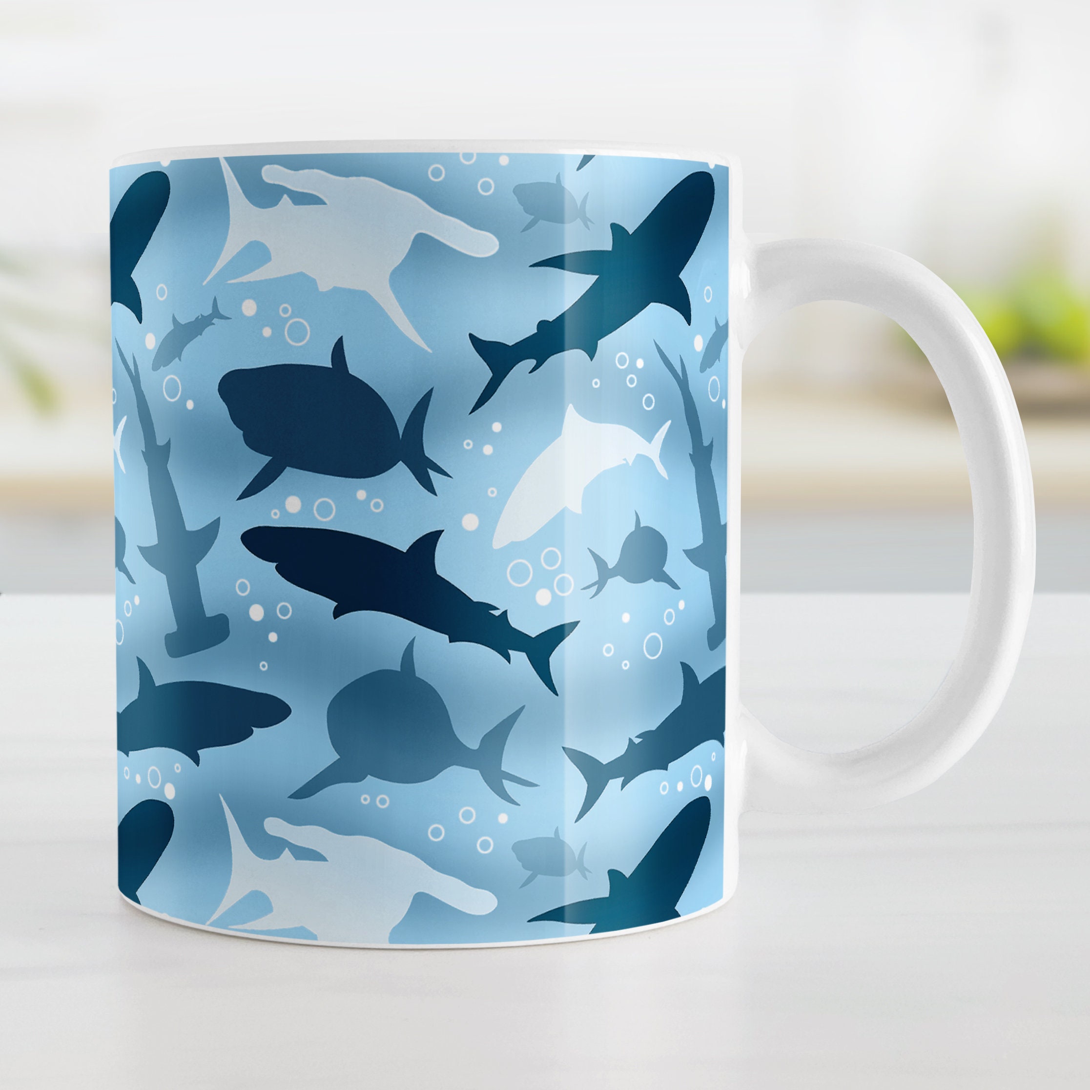 Blue Frenzy Sharks Mug, Underwater Shark Pattern, Different Sharks in ...