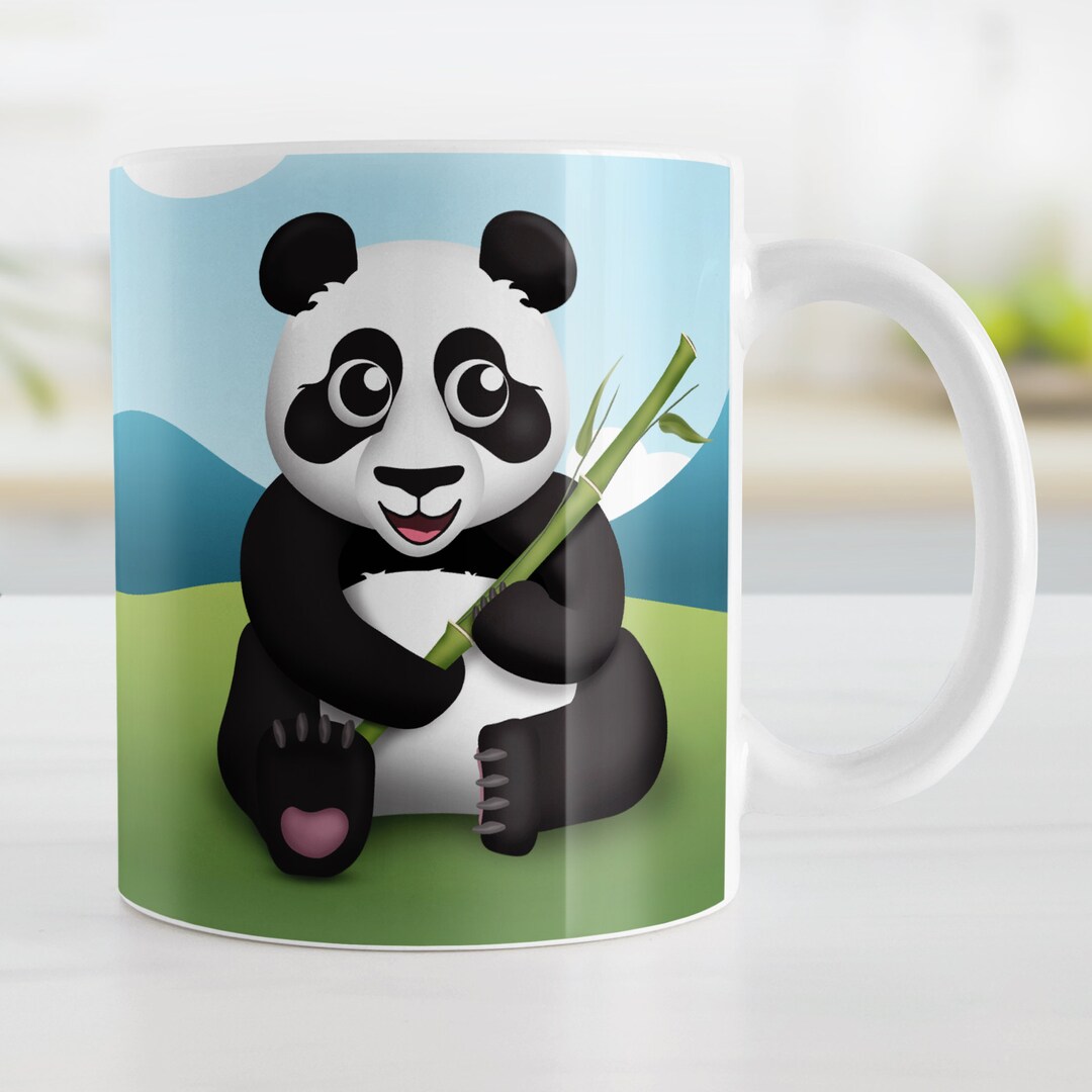 Cute Panda Mug, Happy Panda Holding Bamboo in Mountain Scene, Panda ...
