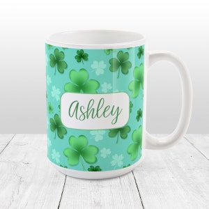 Personalized Lucky Clover Mug, Green Teal Shamrock Pattern, St Patrick ...