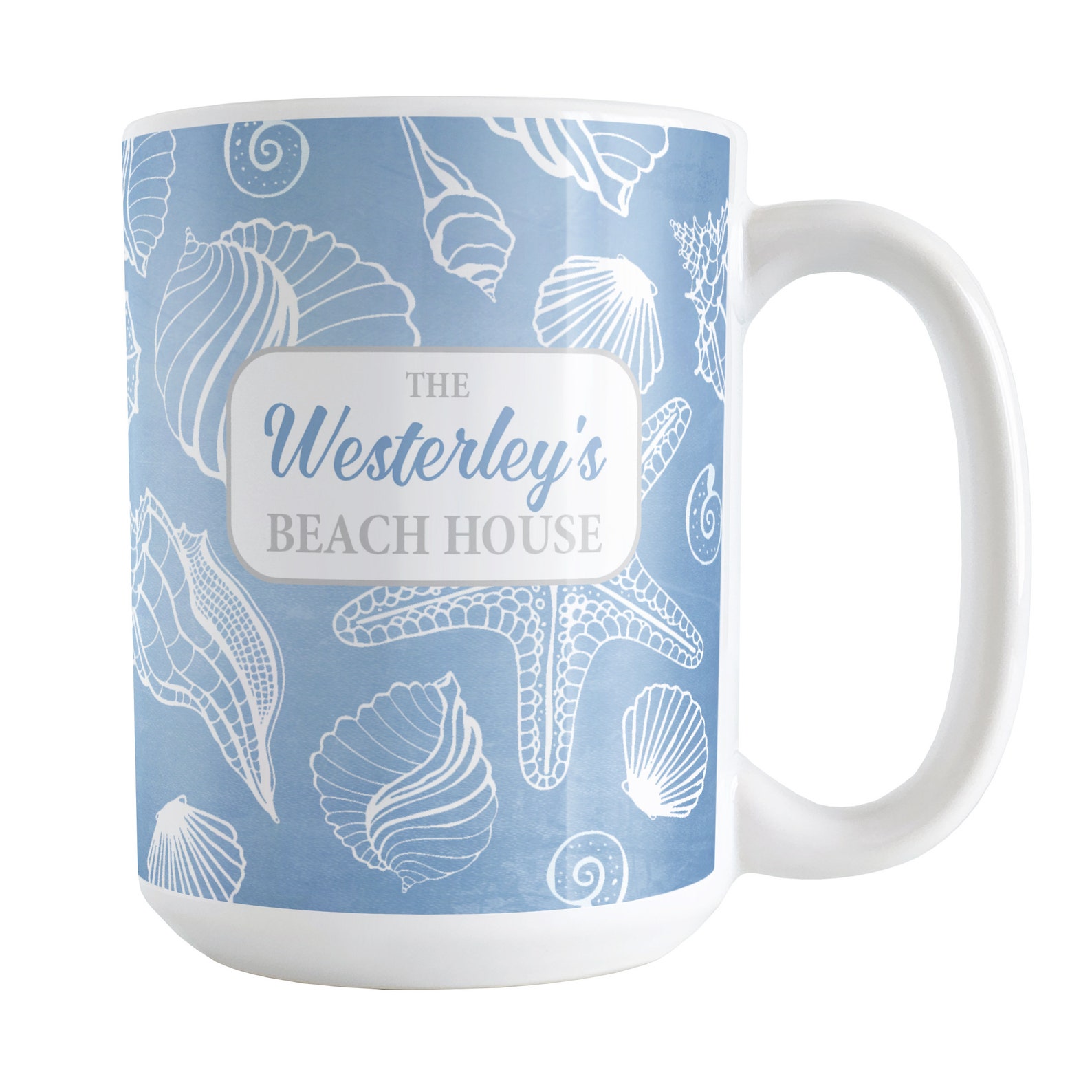 Personalized Beach Mug Blue White Seashell Pattern Beach - Etsy
