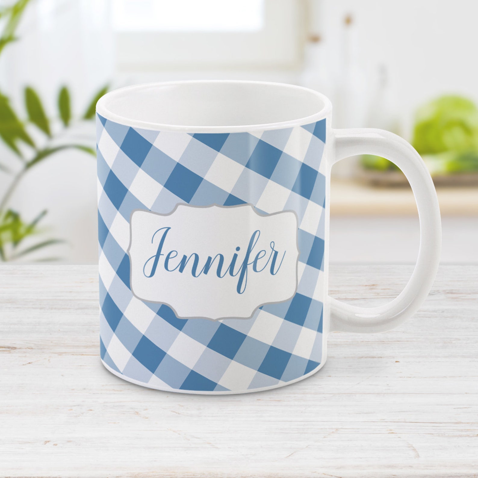 Personalized Gingham Mug Blue Check Pattern Country Kitchen - Etsy