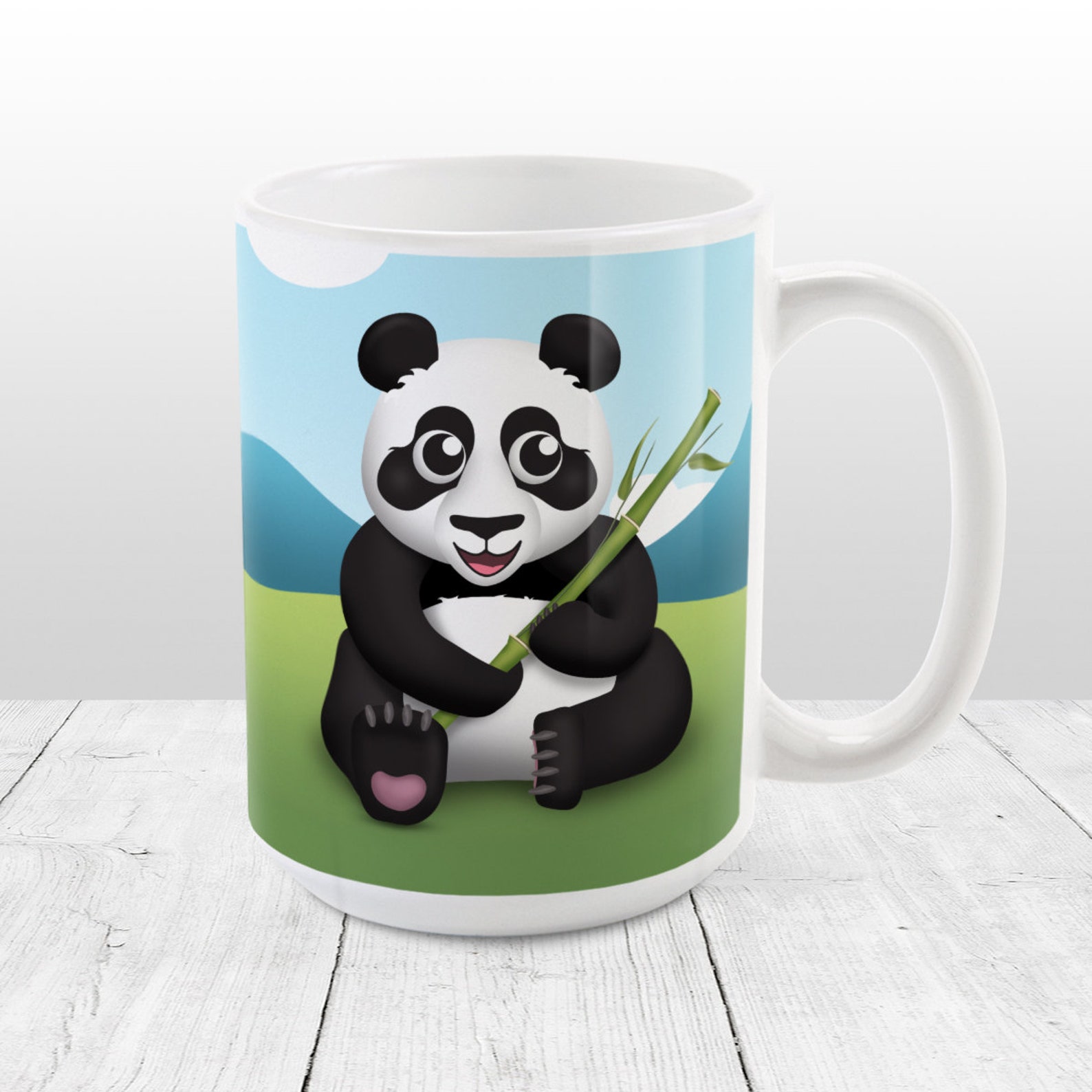 Cute Panda Mug Happy Panda Holding Bamboo in Mountain Scene - Etsy