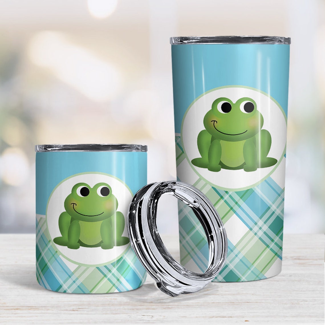 Cute Frog Tumbler Cup green blue plaid pattern 10oz or 20oz | Etsy