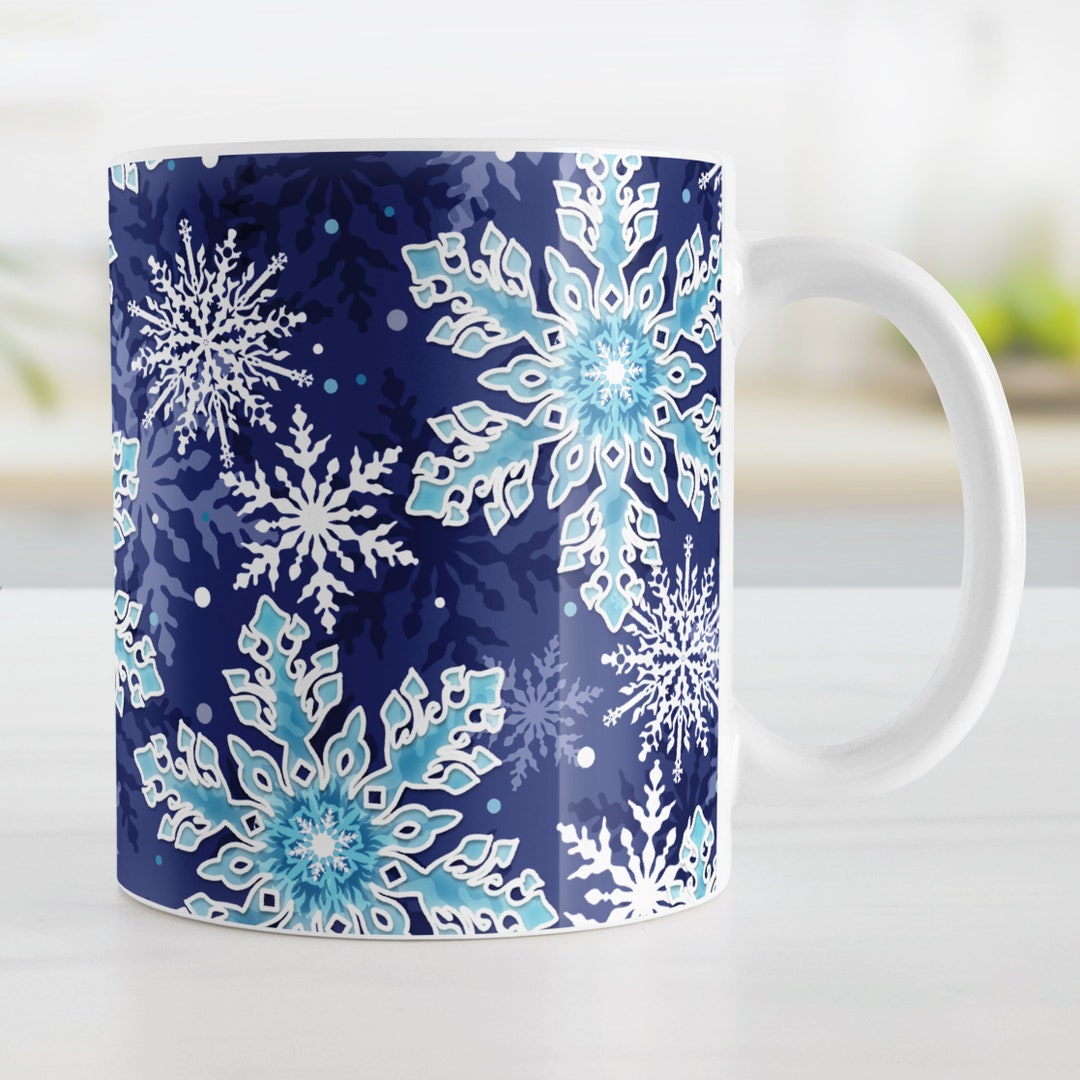 Blue Snowflake Mug, Navy Blue Aqua Winter Pattern, Winter Coffee Cup ...