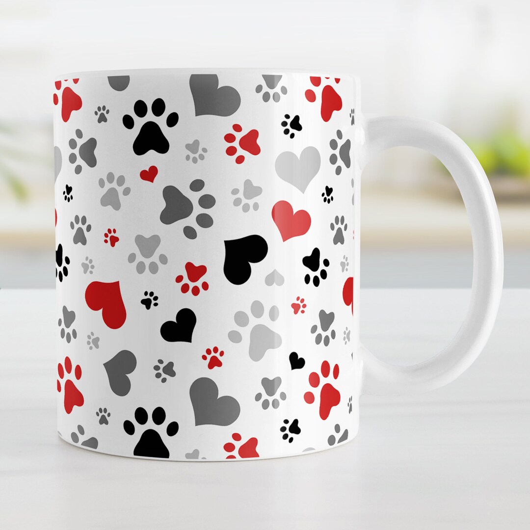 Black Red Paw Prints Mug, Cute Dog Mug With Hearts and Paw Prints Gift ...
