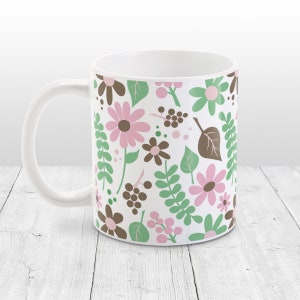 Pink Green Brown Floral Mug, Pretty Flower Pattern 11oz or 15oz Ceramic ...