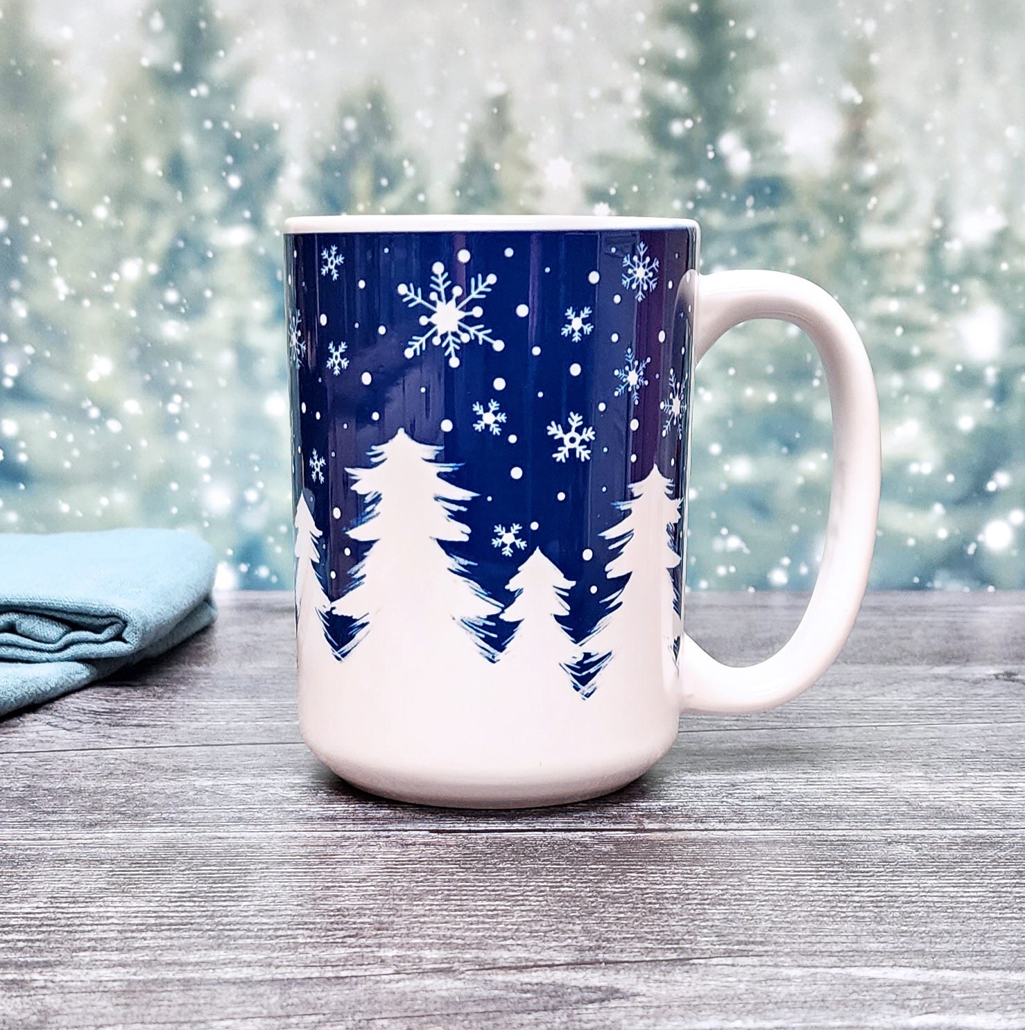 Winter Snow Mug Snowing Night Sky With White Winter Trees - Etsy