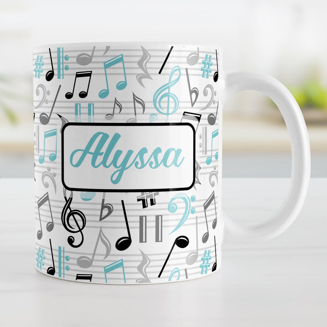 Personalized Turquoise Music Notes Mug, Custom Name Gift for Musicians ...