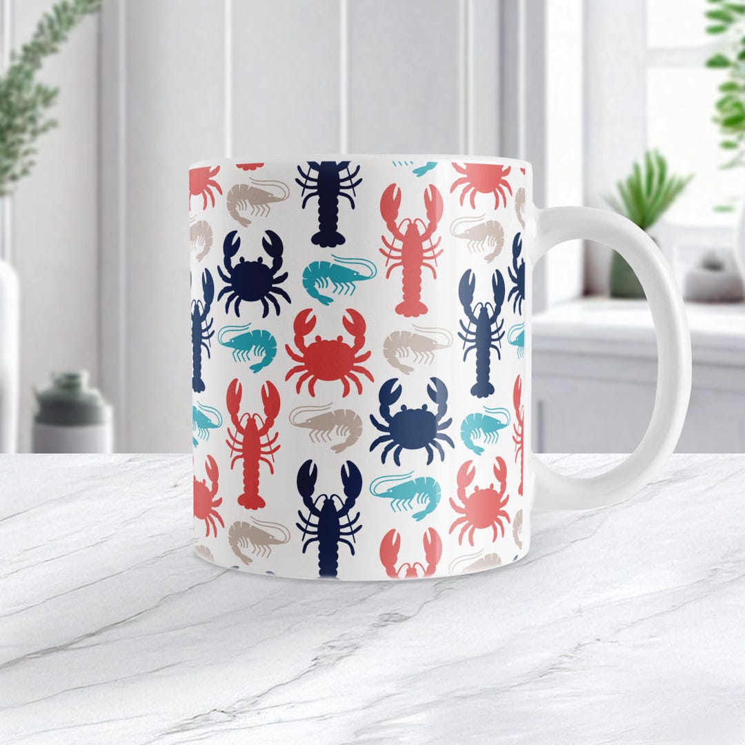 Coastal Crustaceans Coffee Mug: Crab, Lobster & Shrimp - Beach Kitchen ...