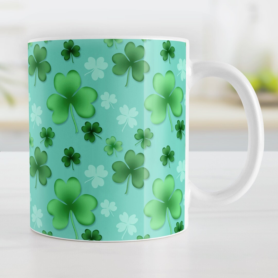 Lucky Clover Mug, Green Teal Shamrock Pattern, St Patrick's Day Gift ...