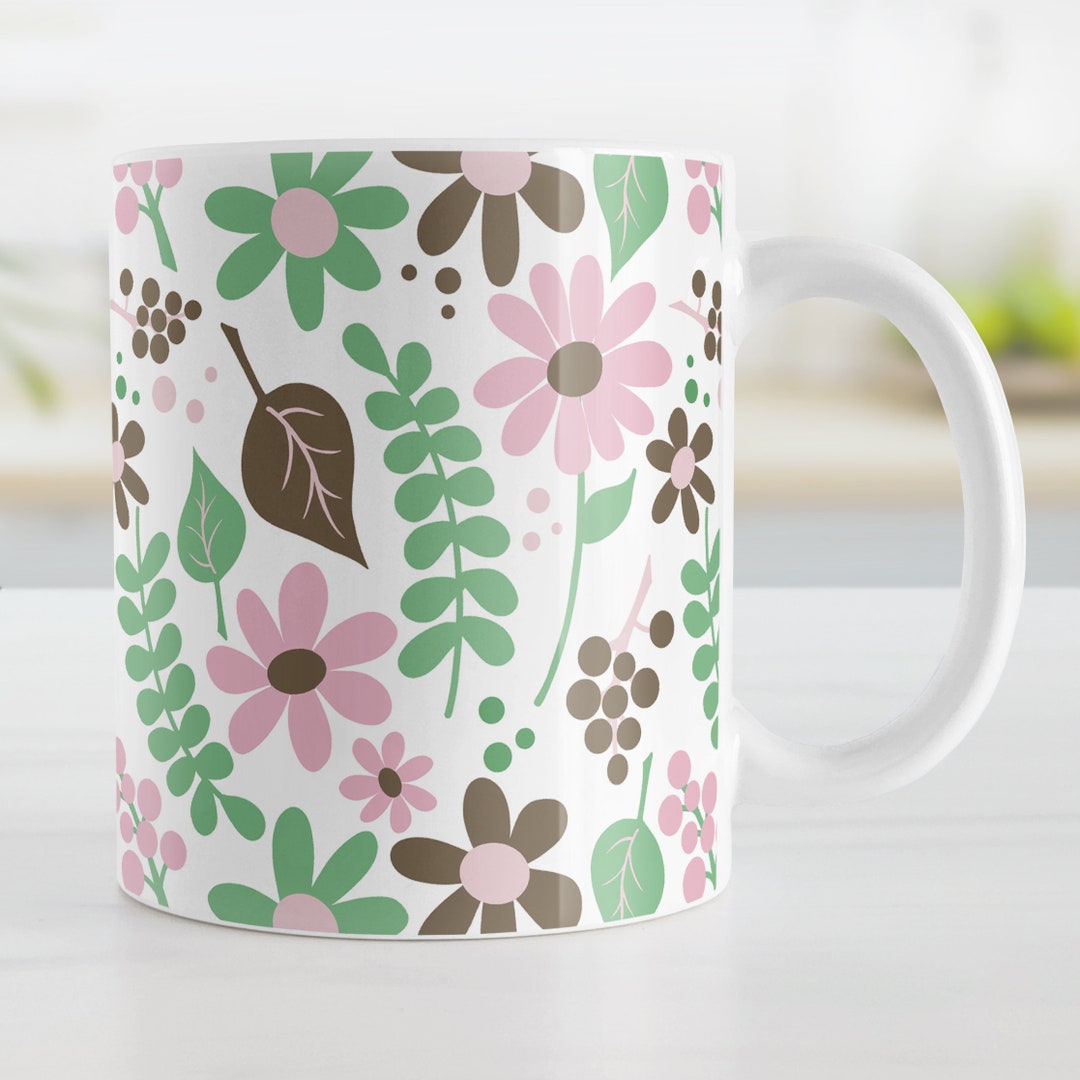 Pink Green Brown Floral Mug, Pretty Flower Pattern 11oz or 15oz Ceramic ...