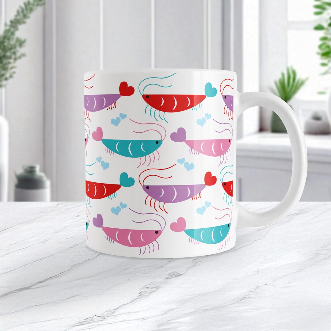 Valentine's Day Shrimp Mug, Cute Crustacean Hearts Gift, Ceramic Coffee ...