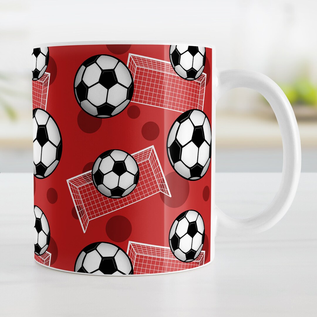 Red Soccer Mug, Fun Sports Pattern With Soccer Balls Over Red, Soccer ...