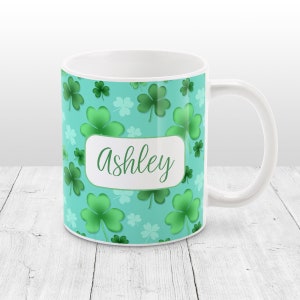 Personalized Lucky Clover Mug, Green Teal Shamrock Pattern, St Patrick ...