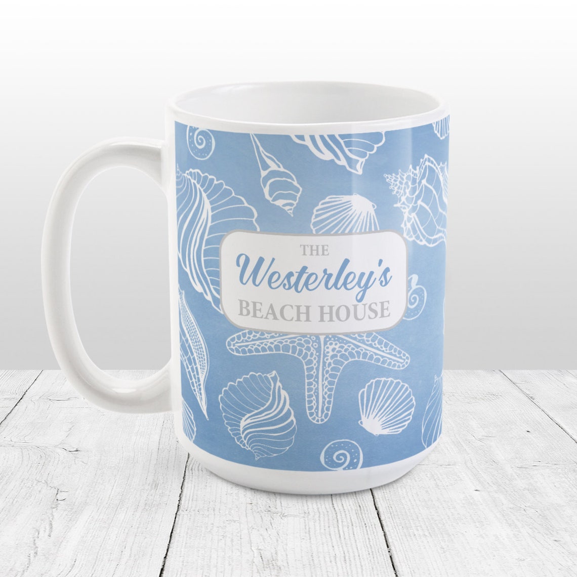 Personalized Beach Mug Blue White Seashell Pattern Beach - Etsy
