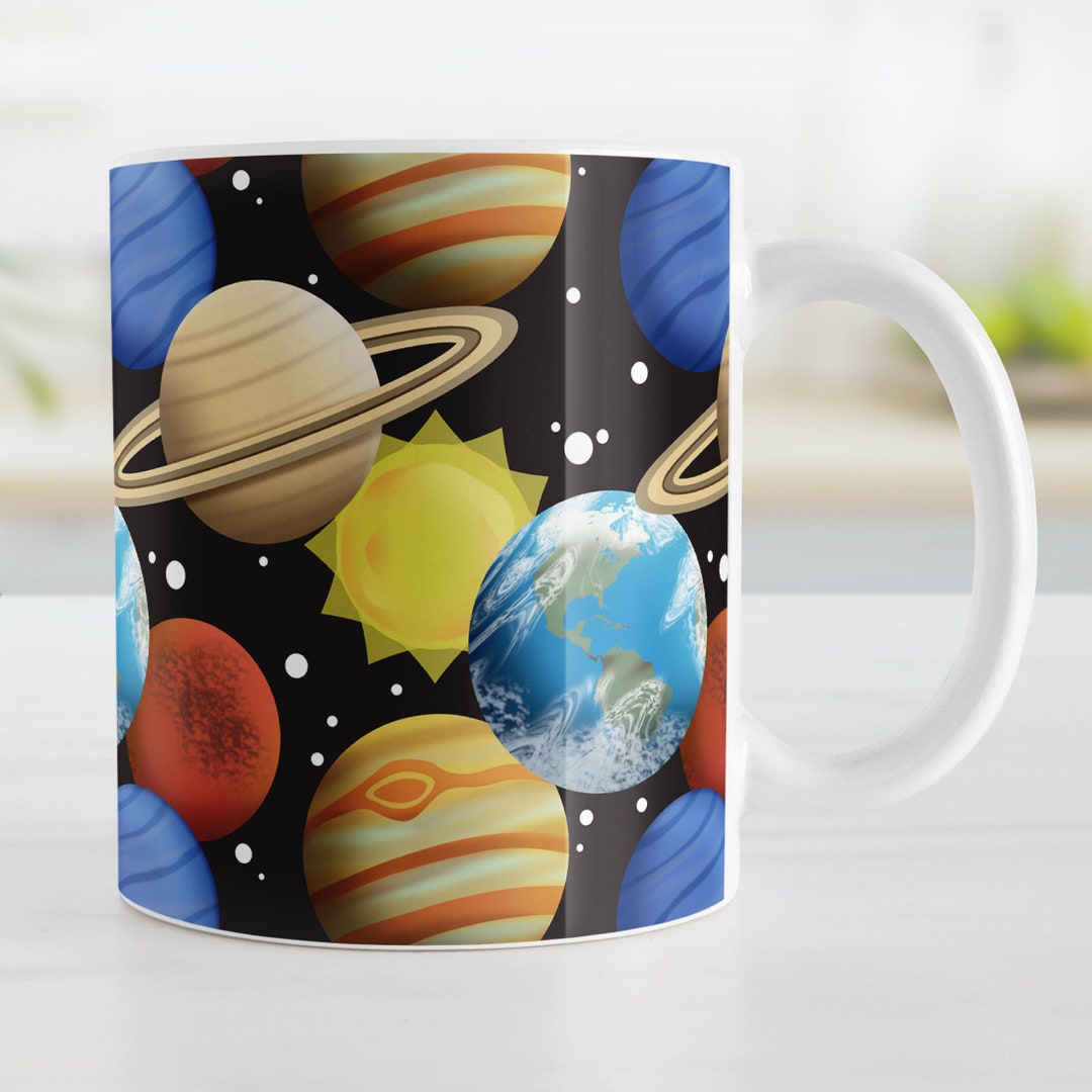 Space Planets Mug, Pattern With Planets Sun and Stars Over Black 11oz ...