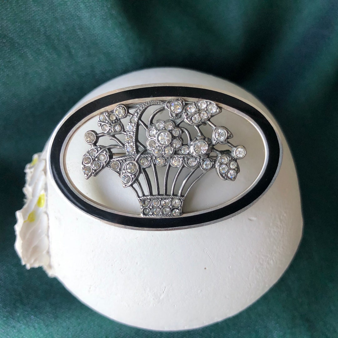 Vintage Brooch, Solid Silver With White Gem Flowers in Basket, UK ...