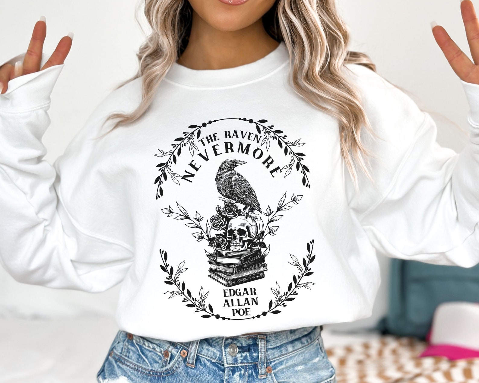 Edgar Allan Poe Sweatshirt, Nevermore the Raven, Book Lover, Halloween ...