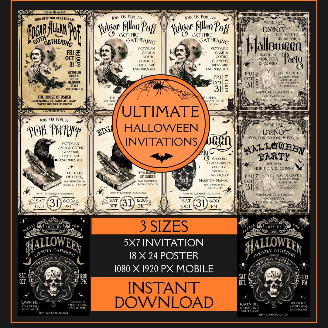 Editable Halloween Party Invitations Gothic Edgar Allan Poe Canva ...