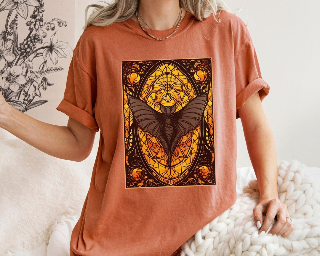 Stained Glass Flying Bat Tarot Card Tshirt, Halloween Witchy ...
