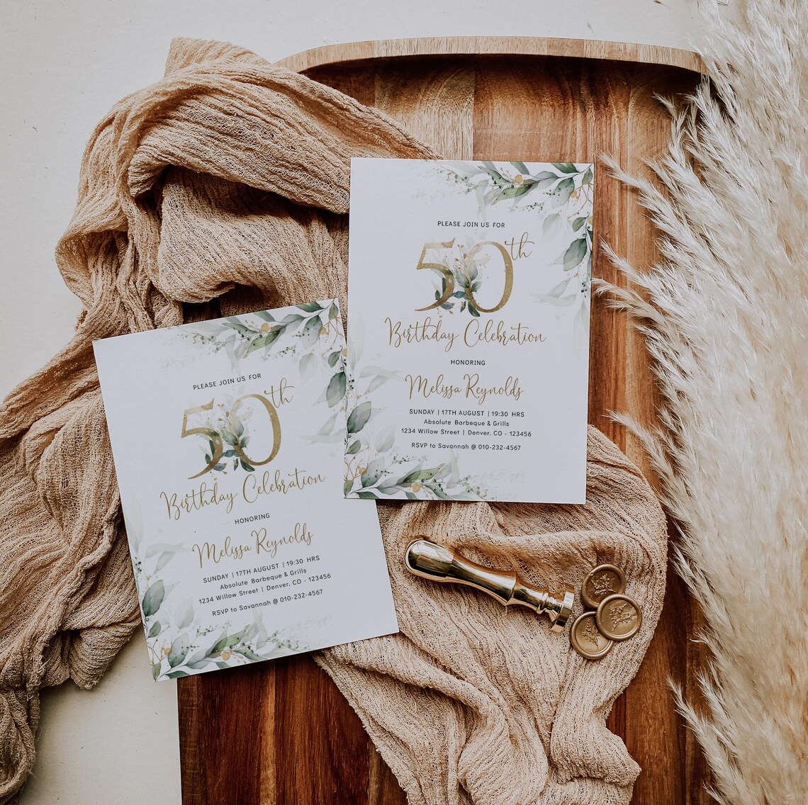 ELLA Greenery Eucalyptus Birthday Party Invite Template | Green & Gold ...