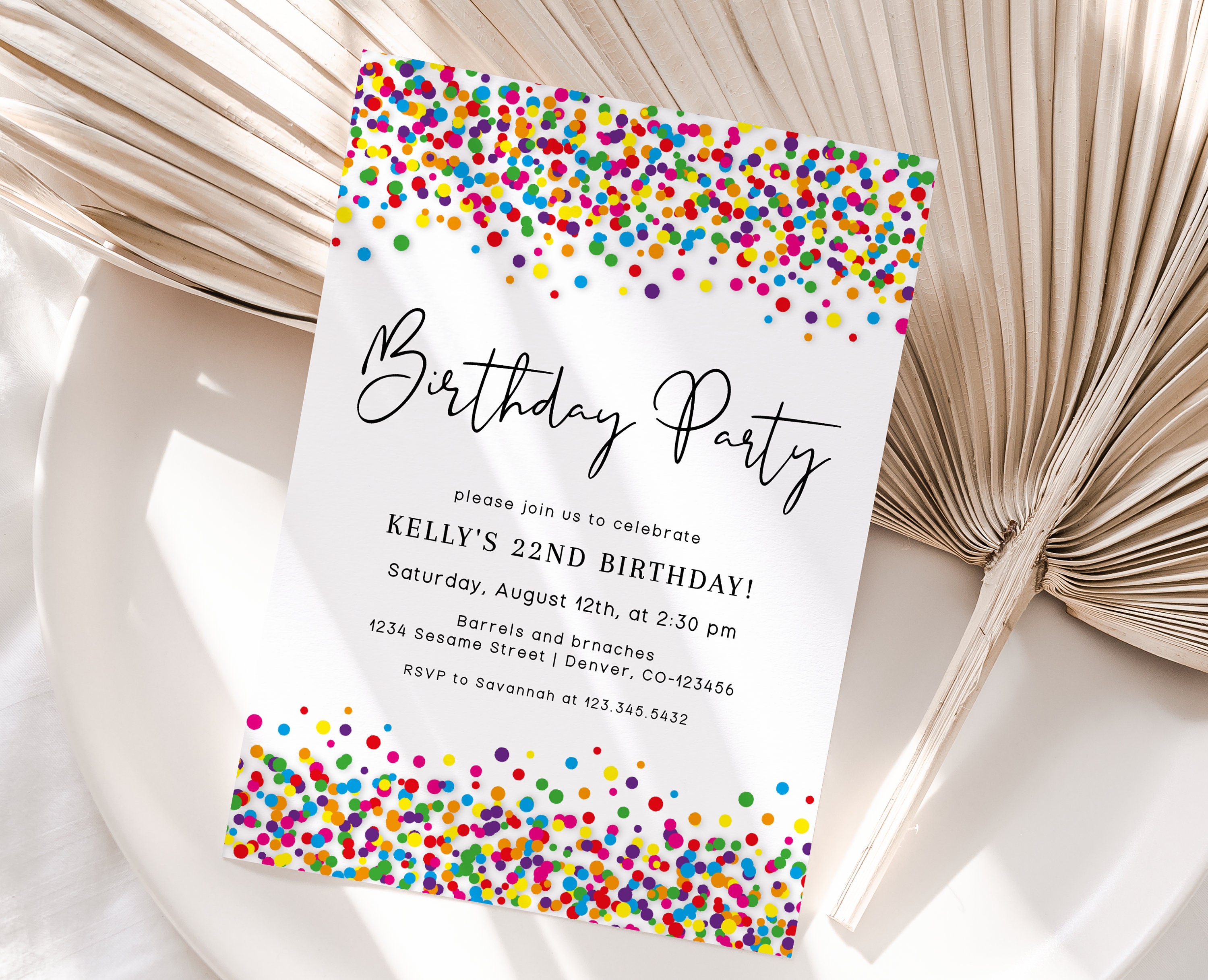 Editable Confetti Birthday Invitation Template Colored Confetti Party ...