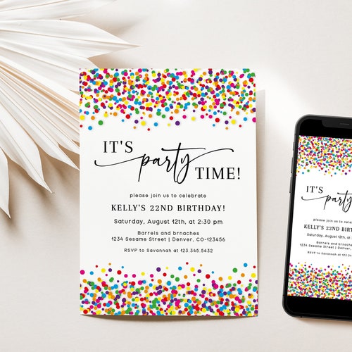 Editable Confetti Birthday Invitation Template Colored - Etsy