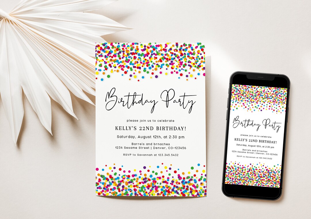 Editable Confetti Birthday Invitation Template Colored Confetti Party ...