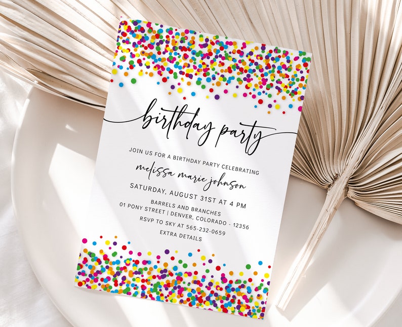Editable Confetti Birthday Invitation Template Colored - Etsy