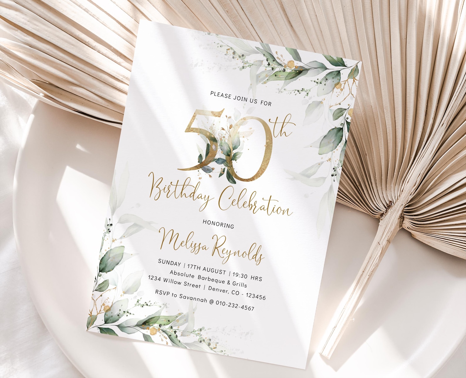 ELLA Greenery Eucalyptus Birthday Party Invite Template | Green & Gold ...