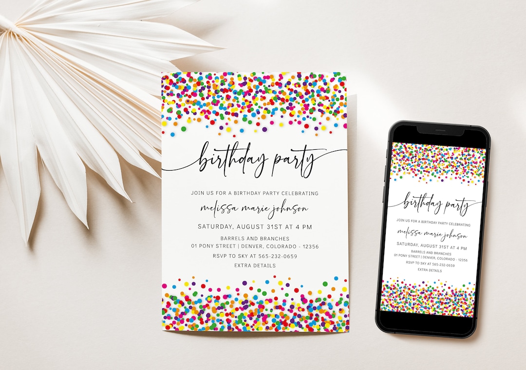 Editable Confetti Birthday Invitation Template Colored - Etsy