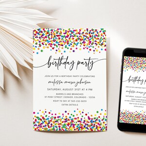 Editable Confetti Birthday Invitation Template Colored - Etsy