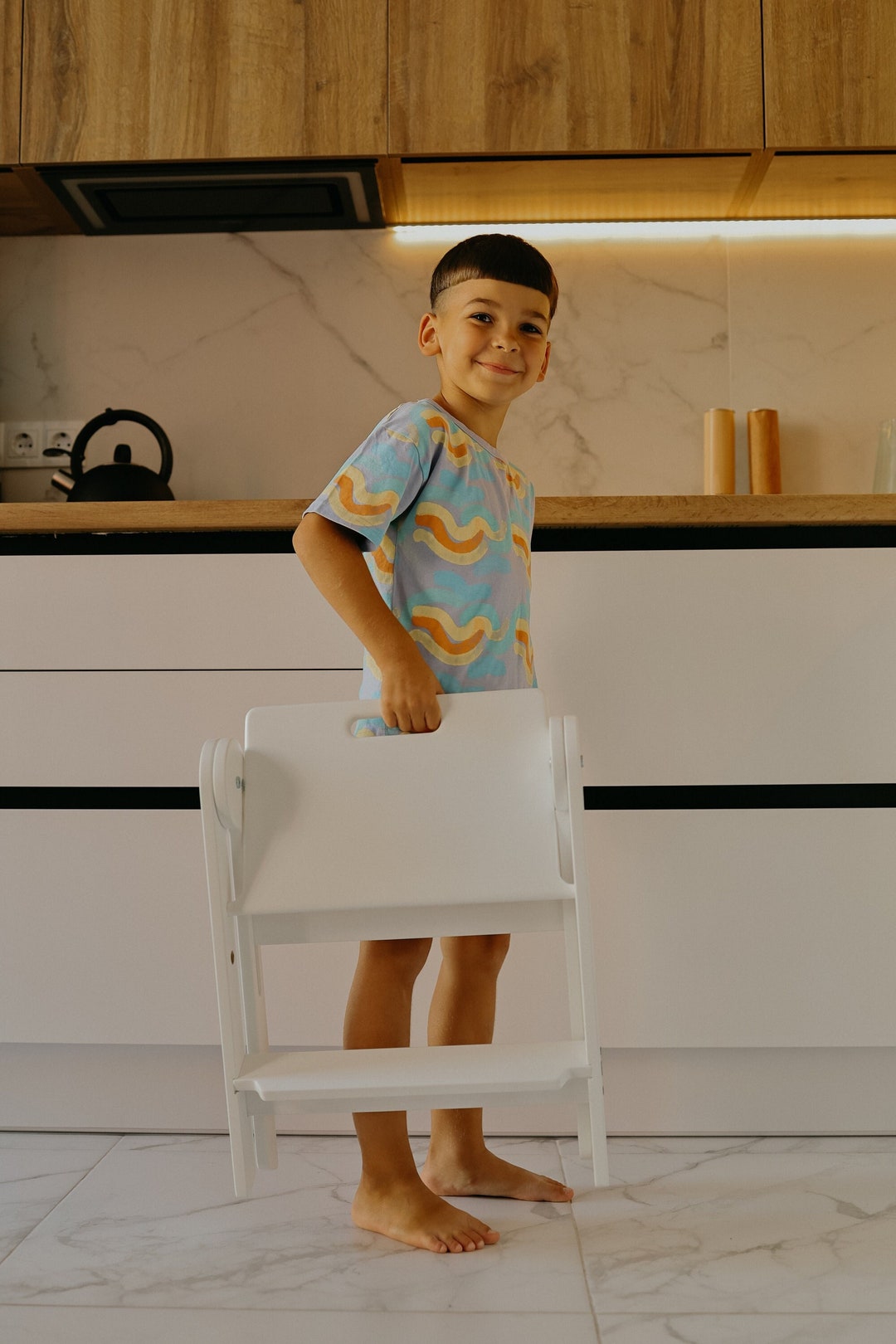 White Kitchen Mini Tower UP, Adjustable Height Helper Stool, Wooden ...