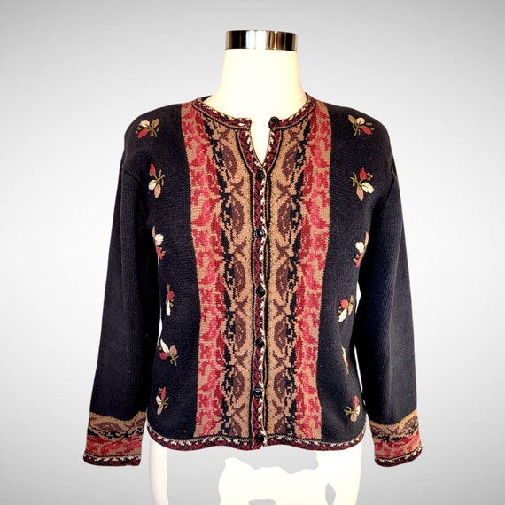 80s/90s Paul Harris Design Folk Art Cardigan | Black … - Gem