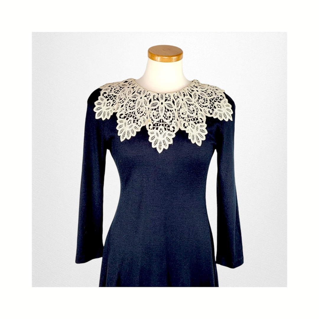 90s JANE SINGER Black Jersey Dress Ecru Lace Statement Collar Long ...