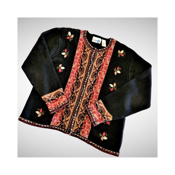 80s/90s Paul Harris Design Folk Art Cardigan | Black … - Gem