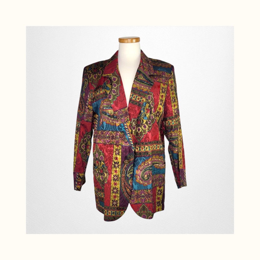 80s Oversized Multicolor Boyfriend Jacket DANIELLE B Jacquard Paisley ...