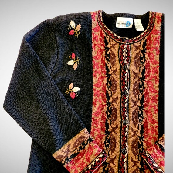 80s/90s Paul Harris Design Folk Art Cardigan | Black … - Gem