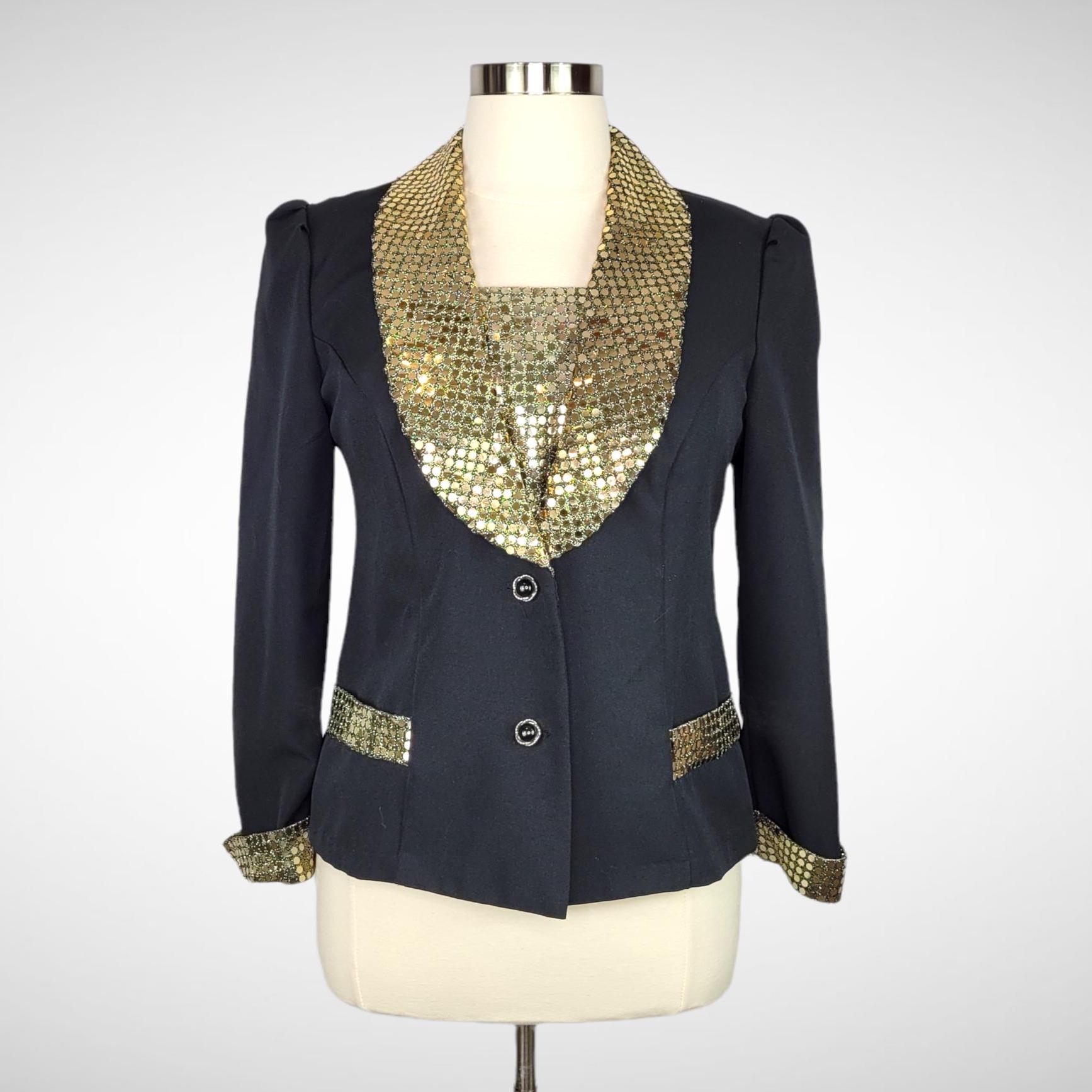 80s Evening Jacket Black Metallic Gold Spangle Accents Princess Cut ...